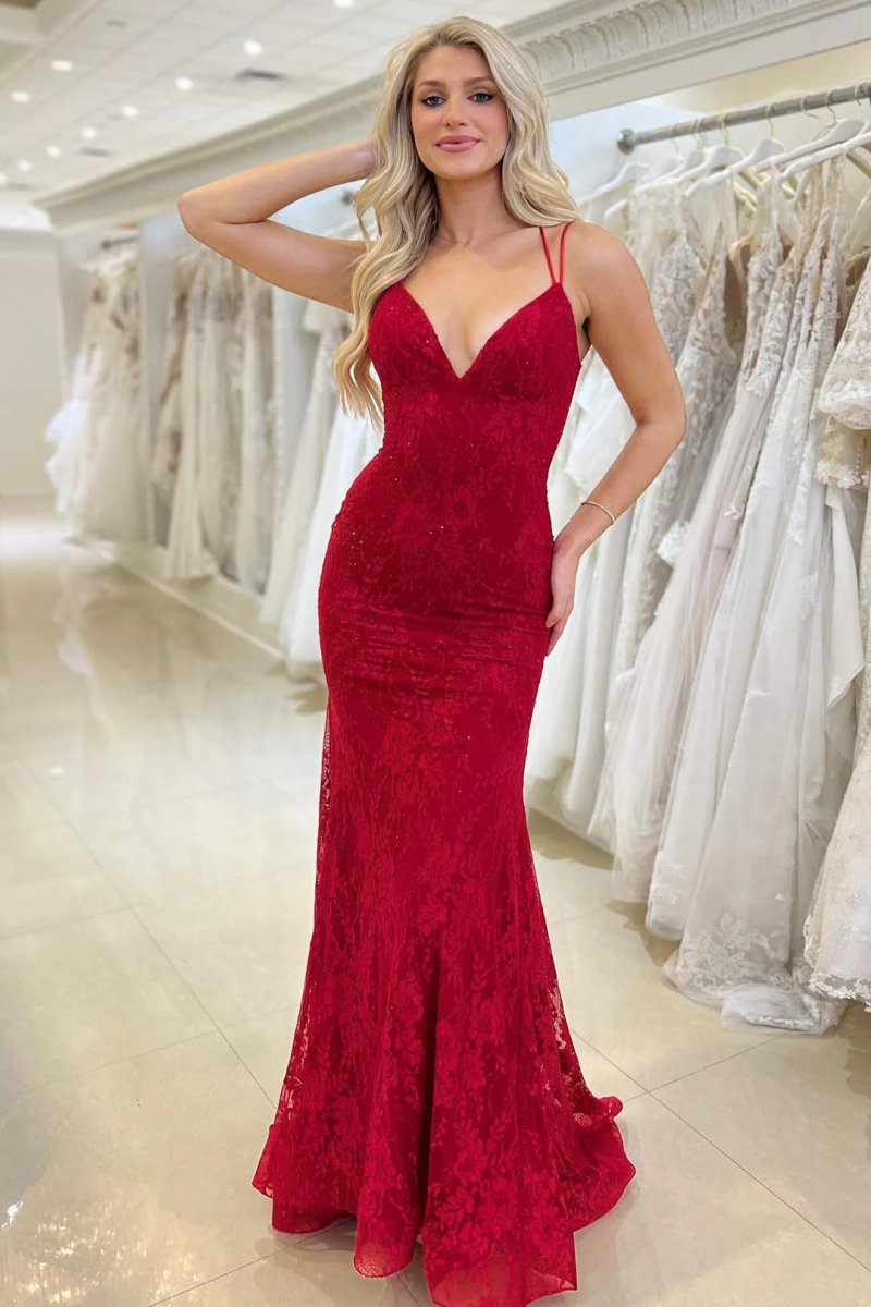 Red Lace V Neck Mermaid Prom Dress | KissProm