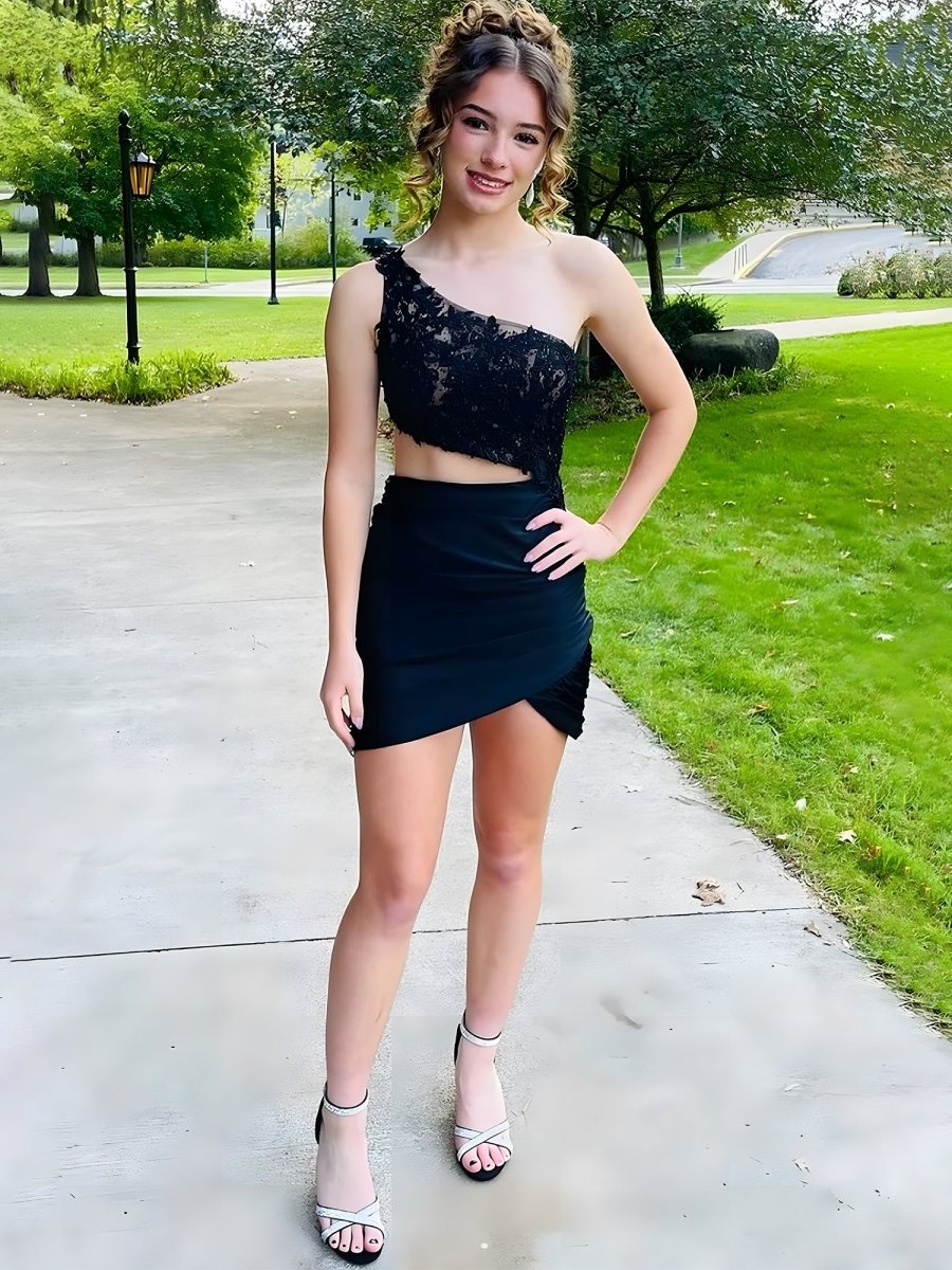 Jaycee | Black - One Shoulder Bodycon Satin Short Homecoming Dresses W – KissProm