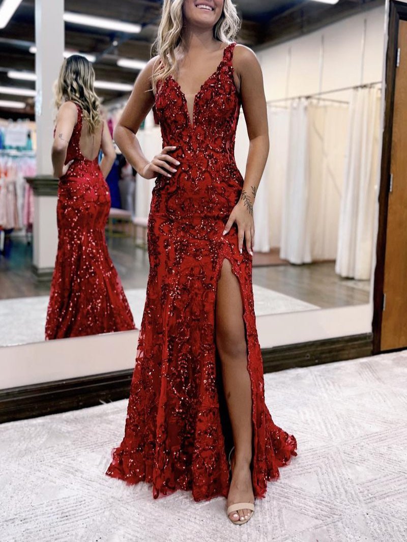 Avianna Red Mermaid V Neck Backless Sequined Lace Prom Dress with Slit | KissProm
