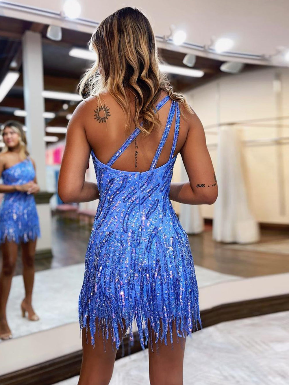 Isenia | Sparkly Blue One Shoulder Sequins Tight Short Hoco Dress with