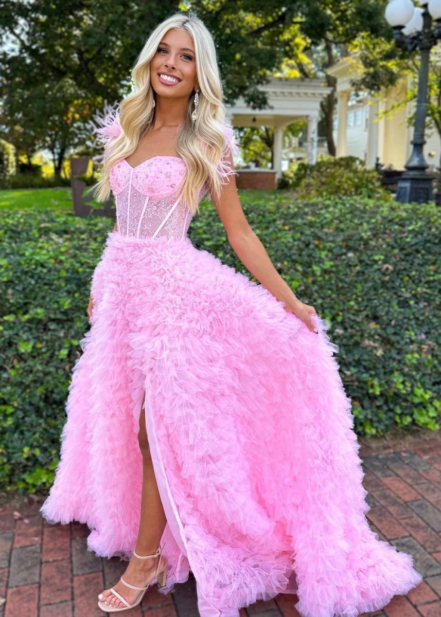 Ingrid Red A Line Sweetheart Tiered Tulle Long Prom Dress With Slit