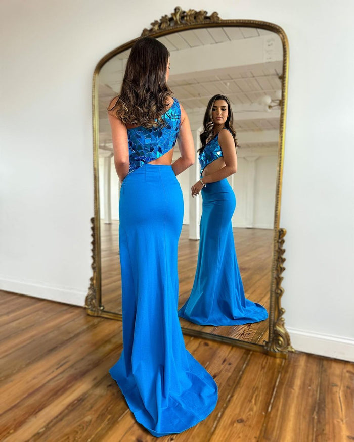 Ashley Red long Sheath One Shoulder Cut Mirror Sequins Prom Dress with ...
