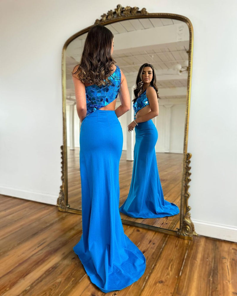 Ashley Red long Sheath One Shoulder Cut Mirror Sequins Prom Dress with ...