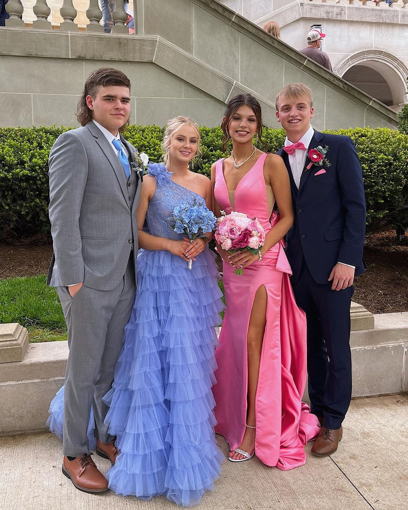 Esther | Cute Mermaid V Neck Pink Satin Long Prom Dresses with Big Bow ...
