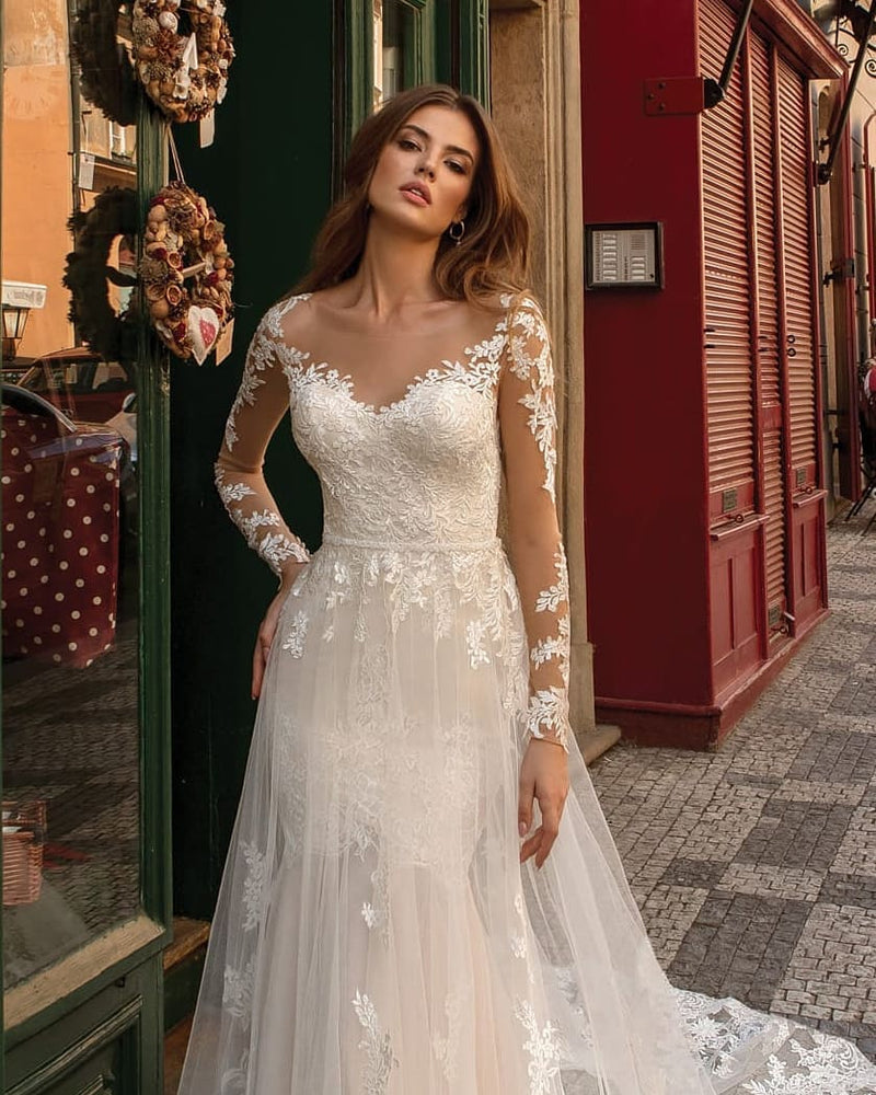 Modern Long Sleeves Mermaid Lace Ivory Wedding Dresses | KissProm
