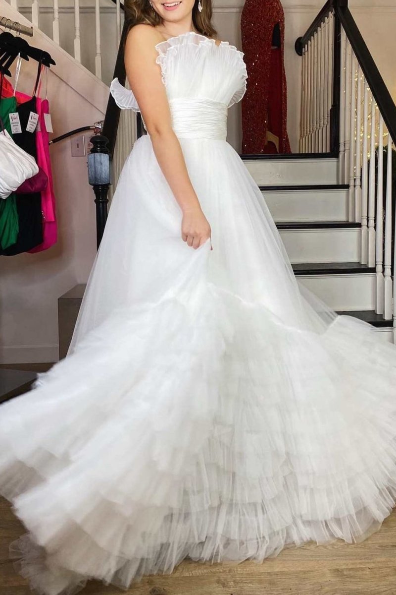 Alani Fuchsia A-Line Strapless Pink Tiered Long Tulle Prom Dress | KissProm