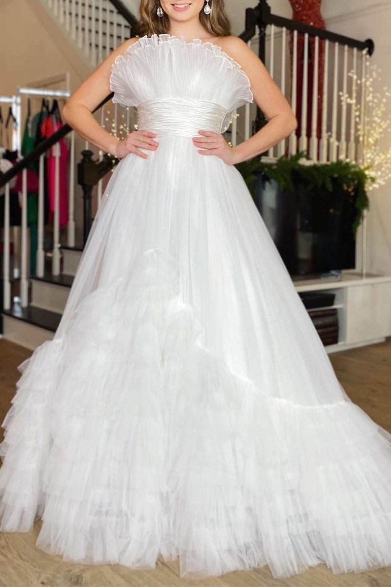 Alani Fuchsia A-Line Strapless Pink Tiered Long Tulle Prom Dress | KissProm