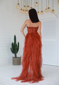 Saanvi | Elegant Rust Tiered Ruffles Tulle Prom Dress | KissProm