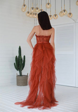 Saanvi | Elegant Rust Tiered Ruffles Tulle Prom Dress | KissProm