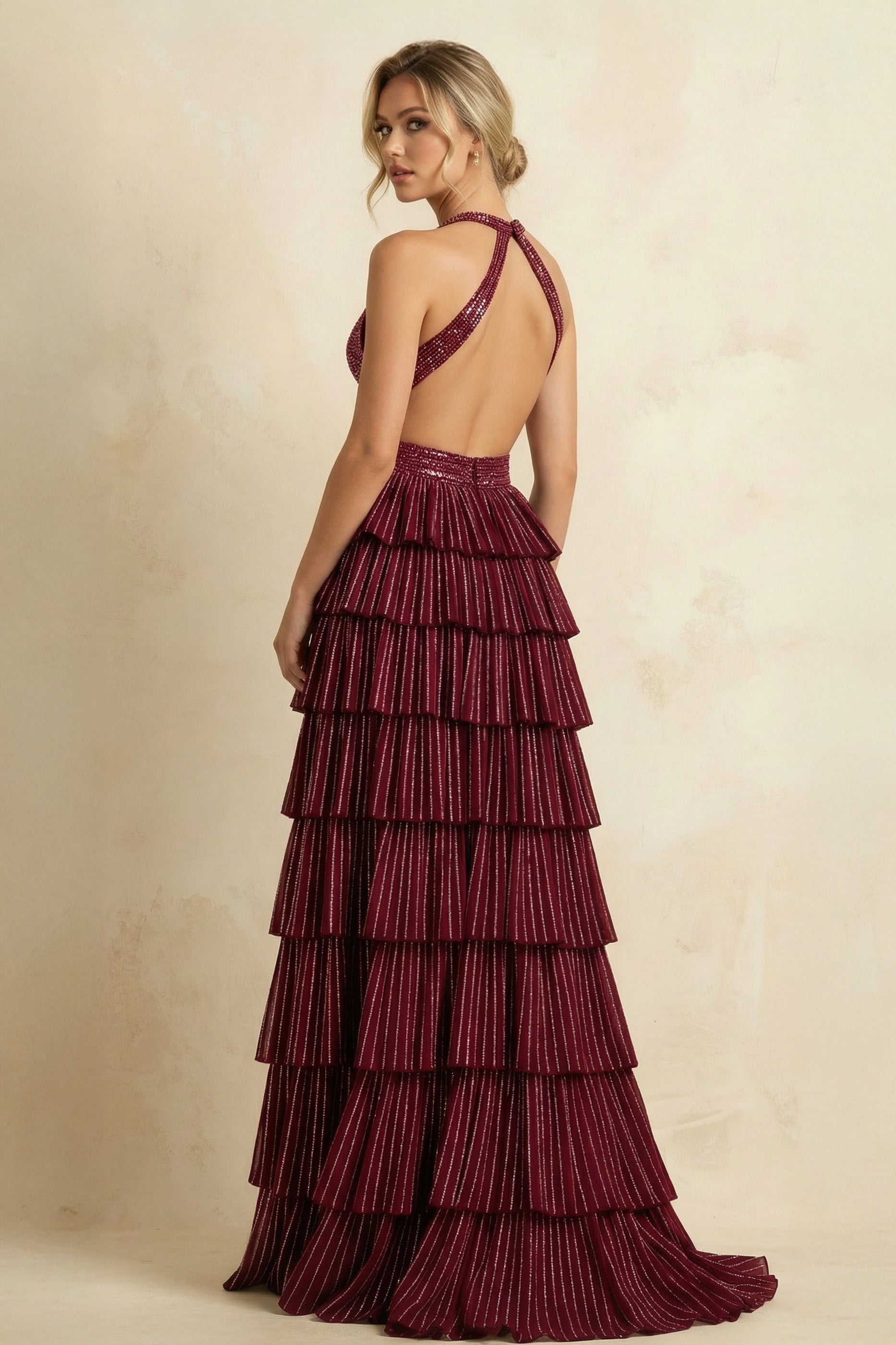 Burgundy - A-Line V Neck Satin Beaded Long Prom Dresses With Ruffles