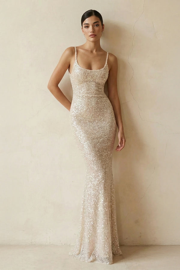 Simple Pink Mermaid Straps Sequin Prom Dresses With Split