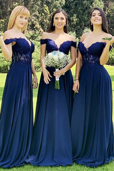 Indigo Lace Off-the-Shoulder A-Line Long Bridesmaid Dress – KissProm