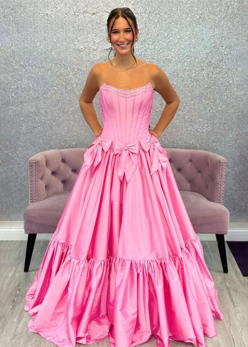 Cristal | A-Line Black Scoop Neck Satin Long Prom Dresses with Bow Kno ...