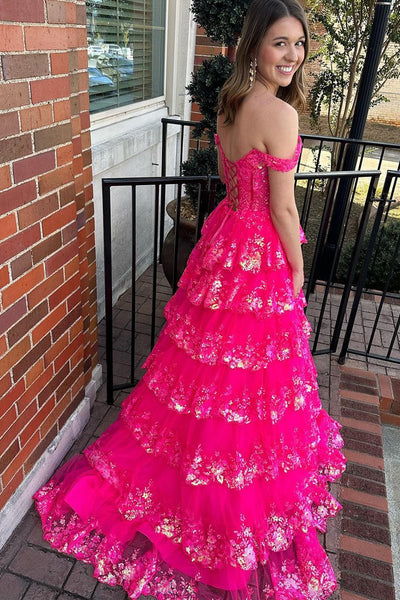 Leona Princess A-Line Sequined Lace Prom Dress – Gold & Fuchsia Elegance