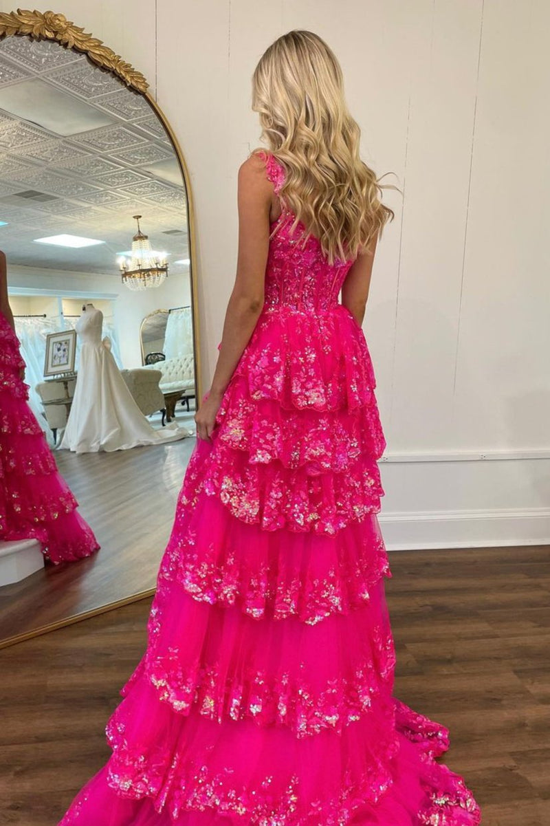 Capri | A-Line Lace Off-the-Shoulder Tiered Long Prom Dress with Slit ...
