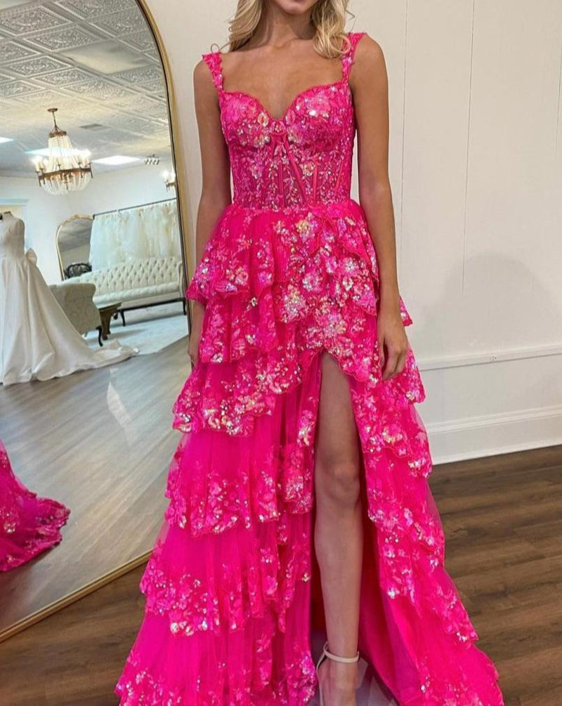 Capri | A-Line Lace Off-the-Shoulder Tiered Long Prom Dress with Slit ...