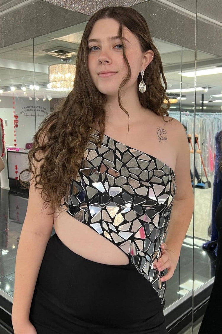Ashley Red long Sheath One Shoulder Cut Mirror Sequins Prom Dress with Slit