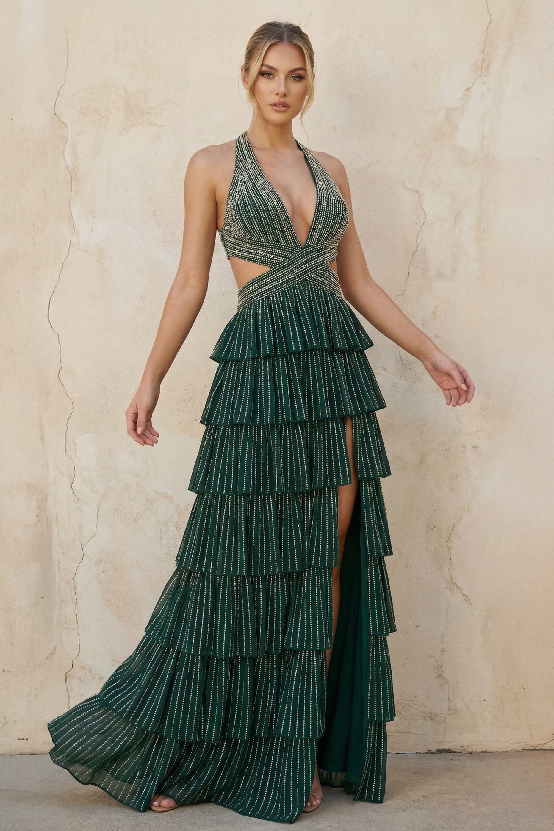 Dark Green - A-Line V Neck Satin Beaded Long Prom Dresses With Ruffles