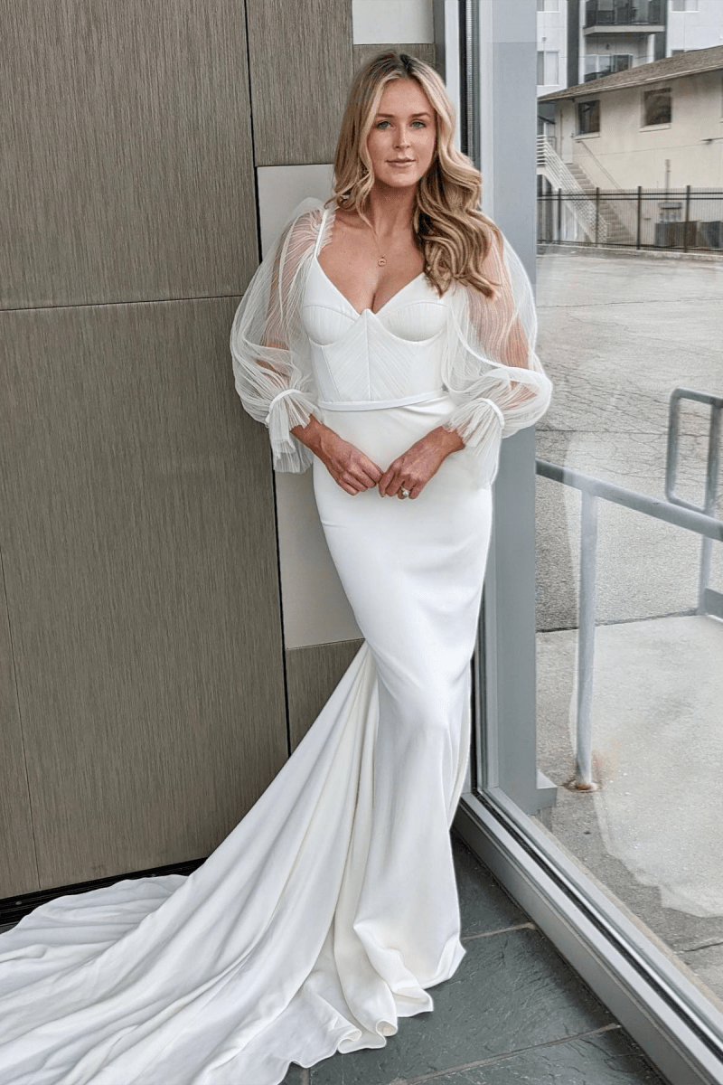 White Illusion Bell Sleeves V Neck Mermaid Long Wedding Dress – KissProm
