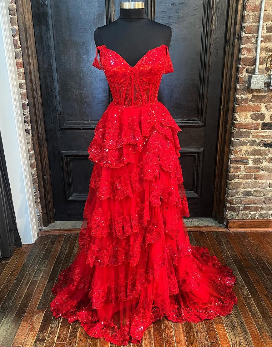 Red Princess A Line Off the Shoulder Corset Prom Dress with Lace Ruffl ...