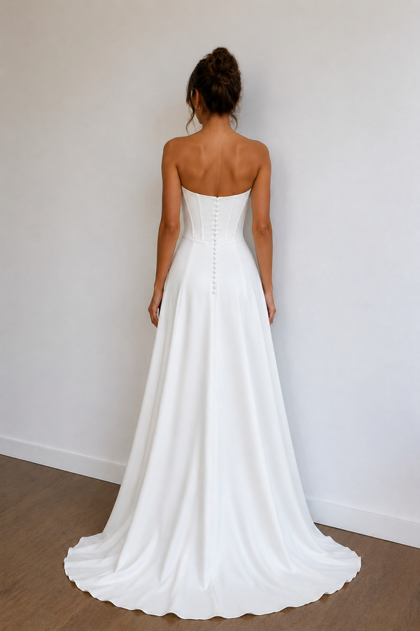 A-Line Strapless White Satin Wedding Dresses with Slit