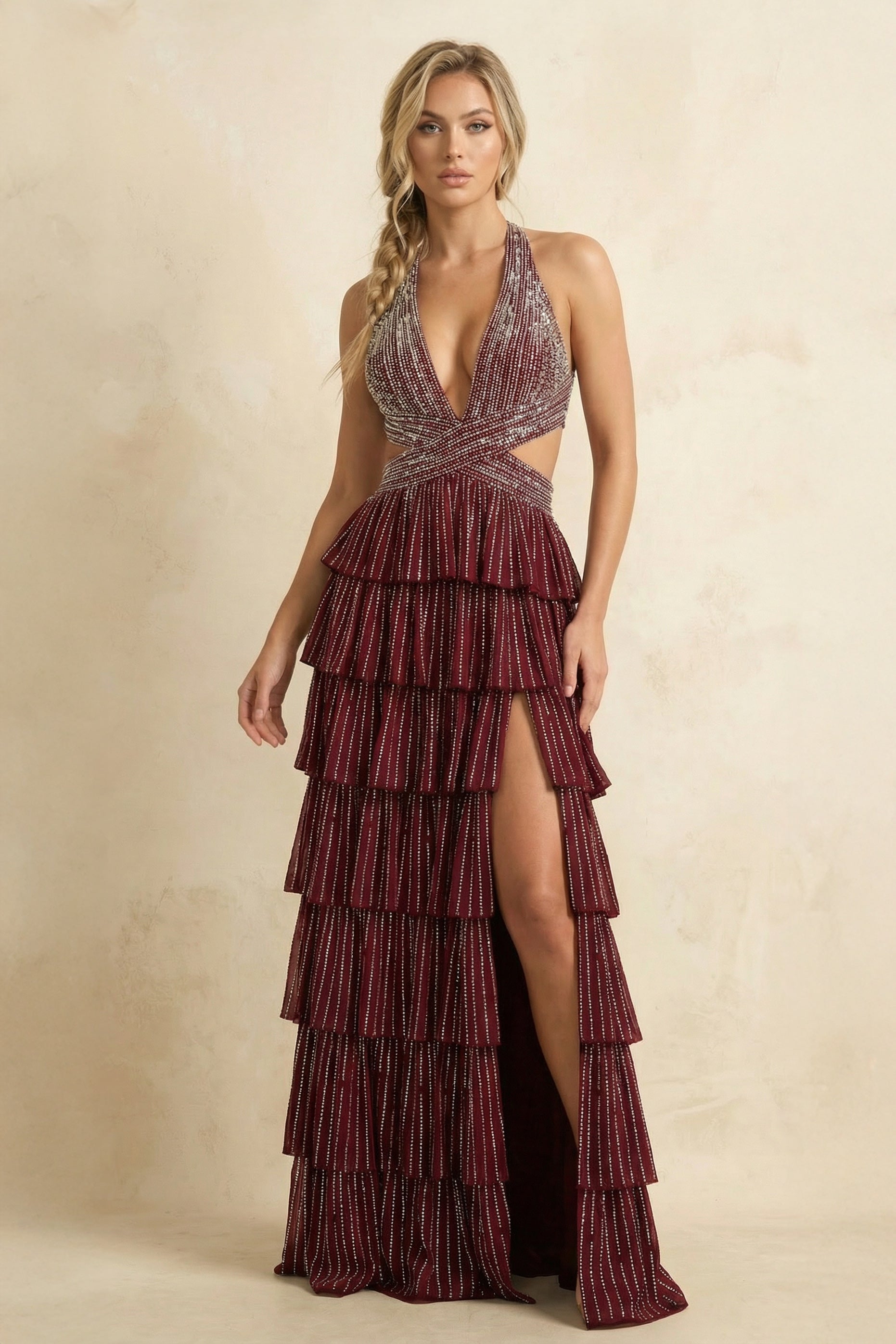 Burgundy - A-Line V Neck Satin Beaded Long Prom Dresses With Ruffles
