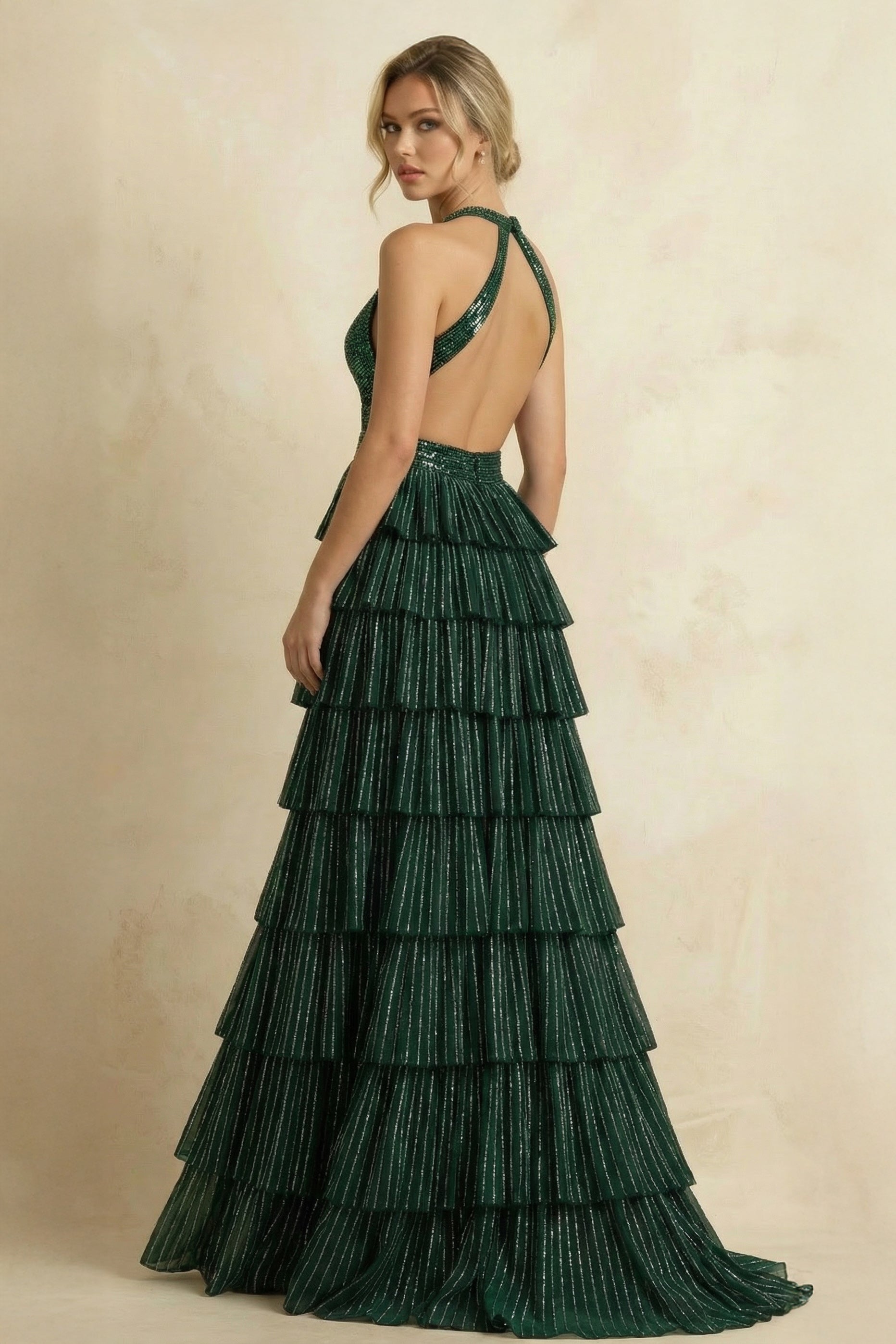 Dark Green - A-Line V Neck Satin Beaded Long Prom Dresses With Ruffles