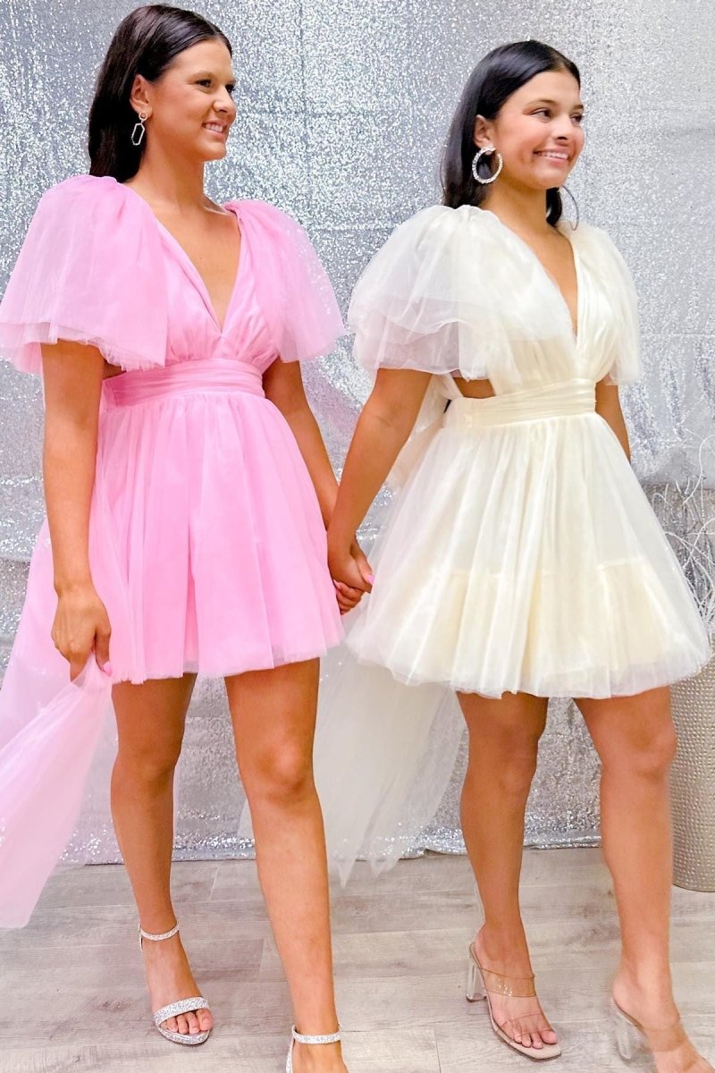Henrietta Short Pink A-line Plunging V Neck Tulle Homecoming Dress