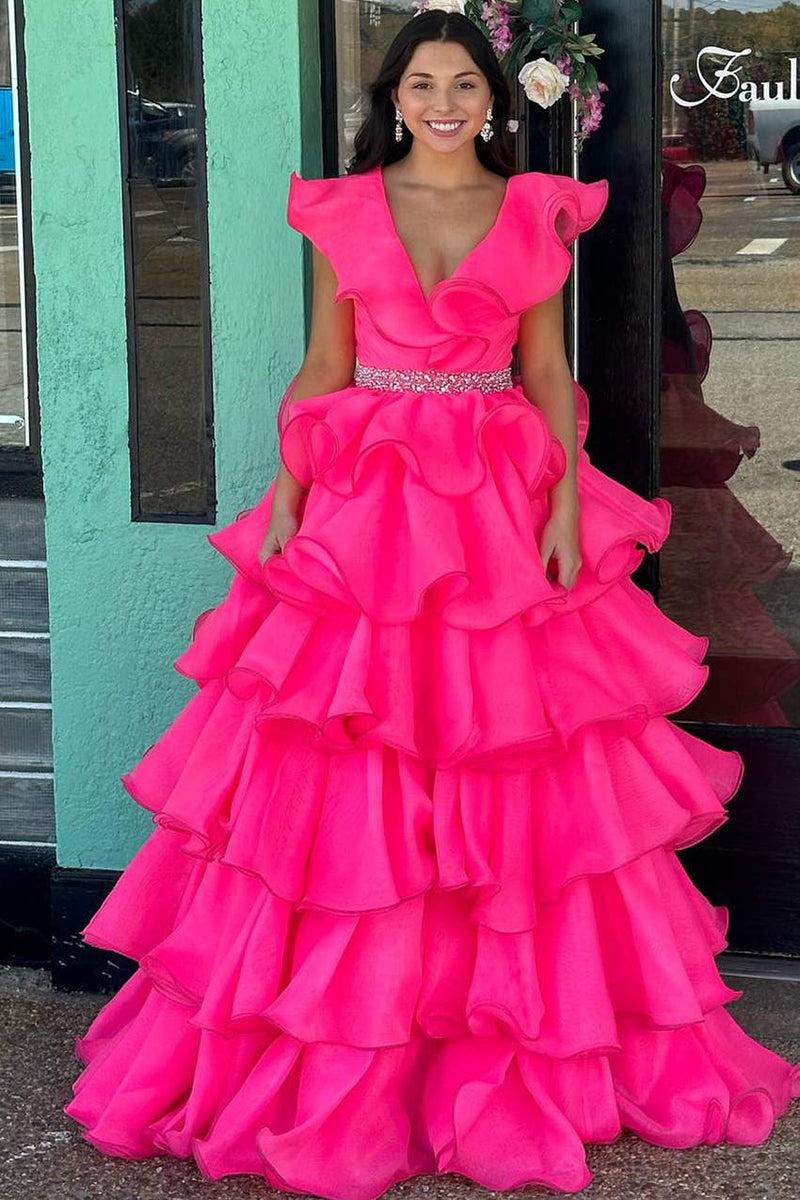 Zoey | Hot Pink V-Neck Ruffle Tiered Long Prom Dress with Beaded Waist ...