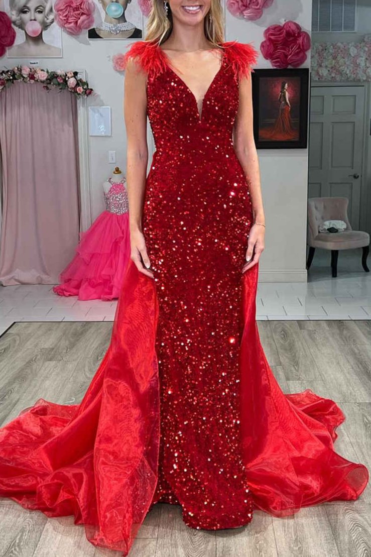 Lilianna | V-Neck Red Sequin Feathers Long Prom Dress with Cape | KissProm