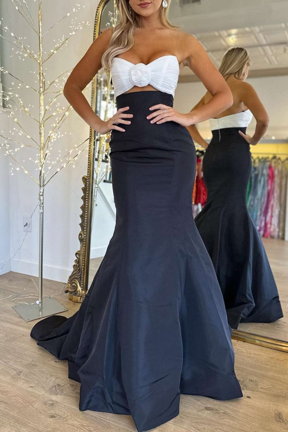 Julie | Strapless White and Black Ruched Mermaid Prom Dress