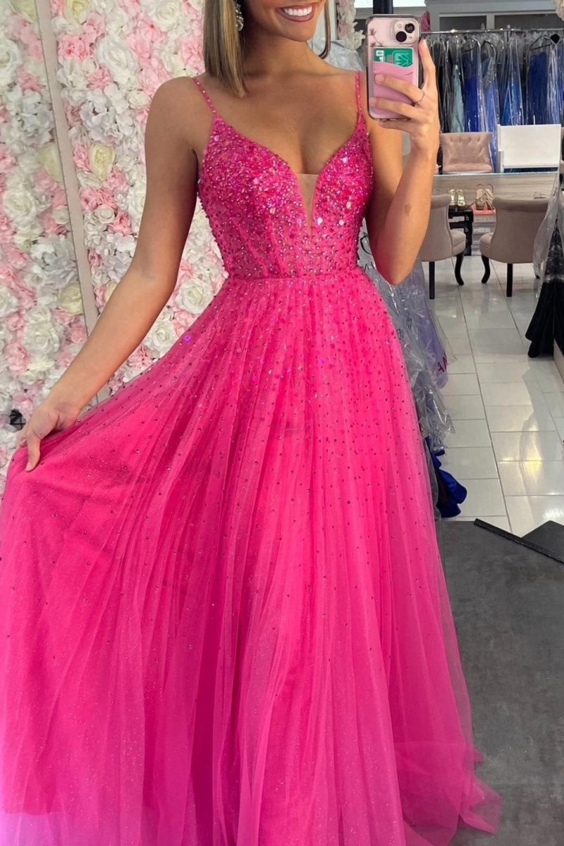 Emmalyn | Straps Neon Pink Beaded A-Line Long Formal Dress | KissProm