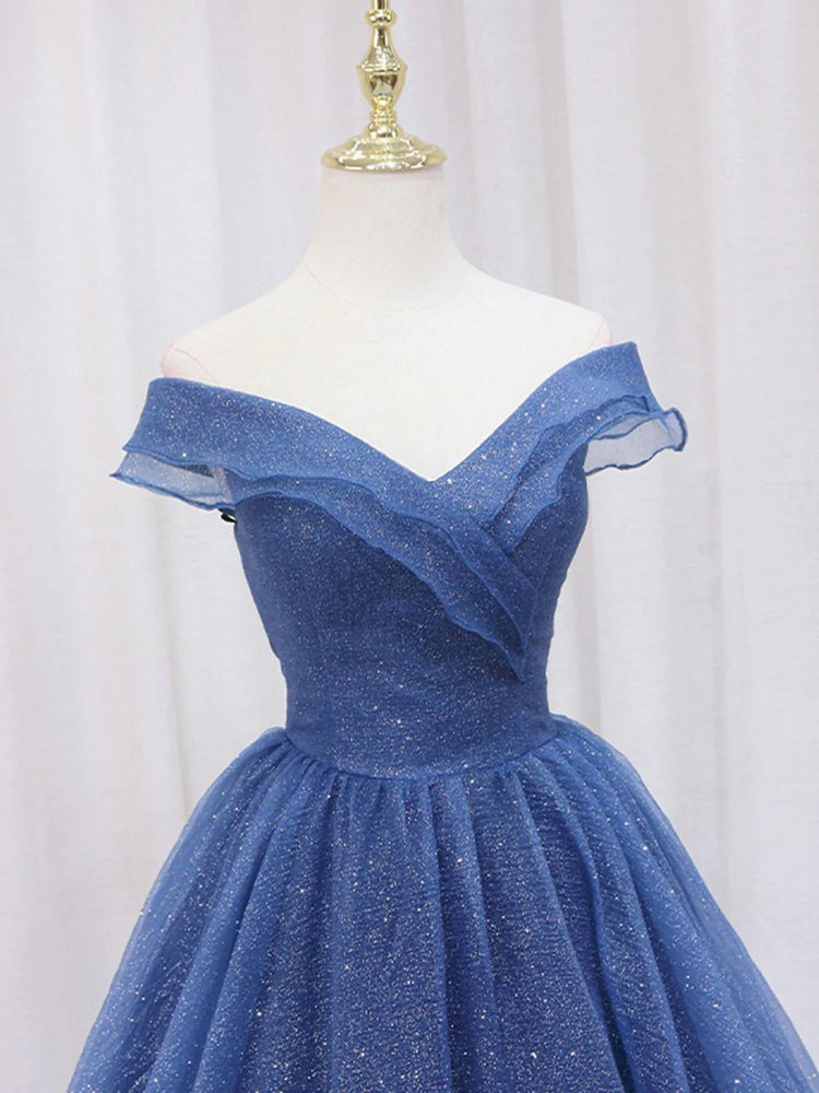 Shiny Off Shoulder Navy Blue Tulle Navy Blue Formal Graduation Evening