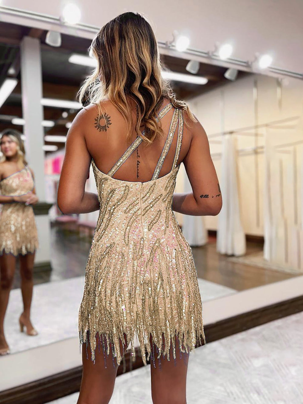 Sparkly Blue One Shoulder Sequins Tight Short Hoco Dress with Fringes ...