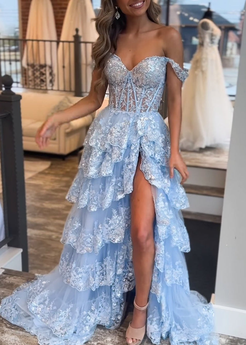 Capri | A-Line Lace Off-the-Shoulder Tiered Long Prom Dress with Slit