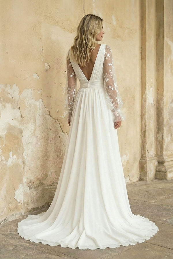 Long Sleeve Boho Flowy Wedding Dress Lace A-Line V-Neck Beach Gown wit
