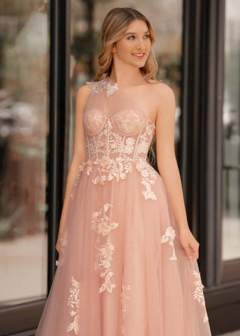 A Line One Shoulder Black Long Prom Dress with Appliques – KissProm