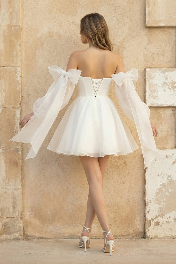 A-Line Puff Long Sleeves Short Wedding Dresses With Bows