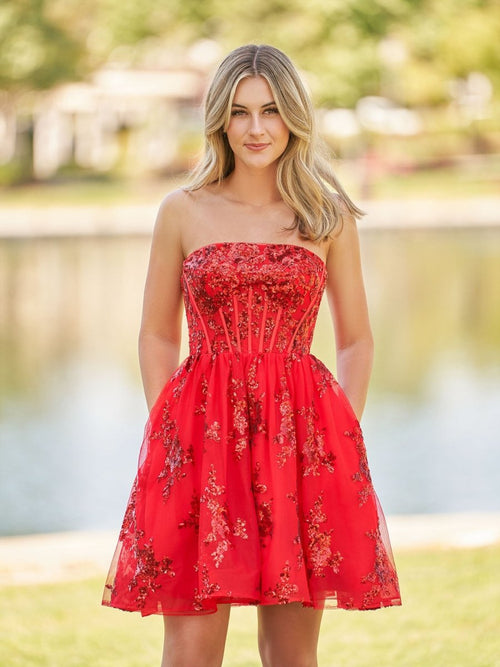 Ivette | A-Line Red Short Homecoming Dress with Sequins | KissProm