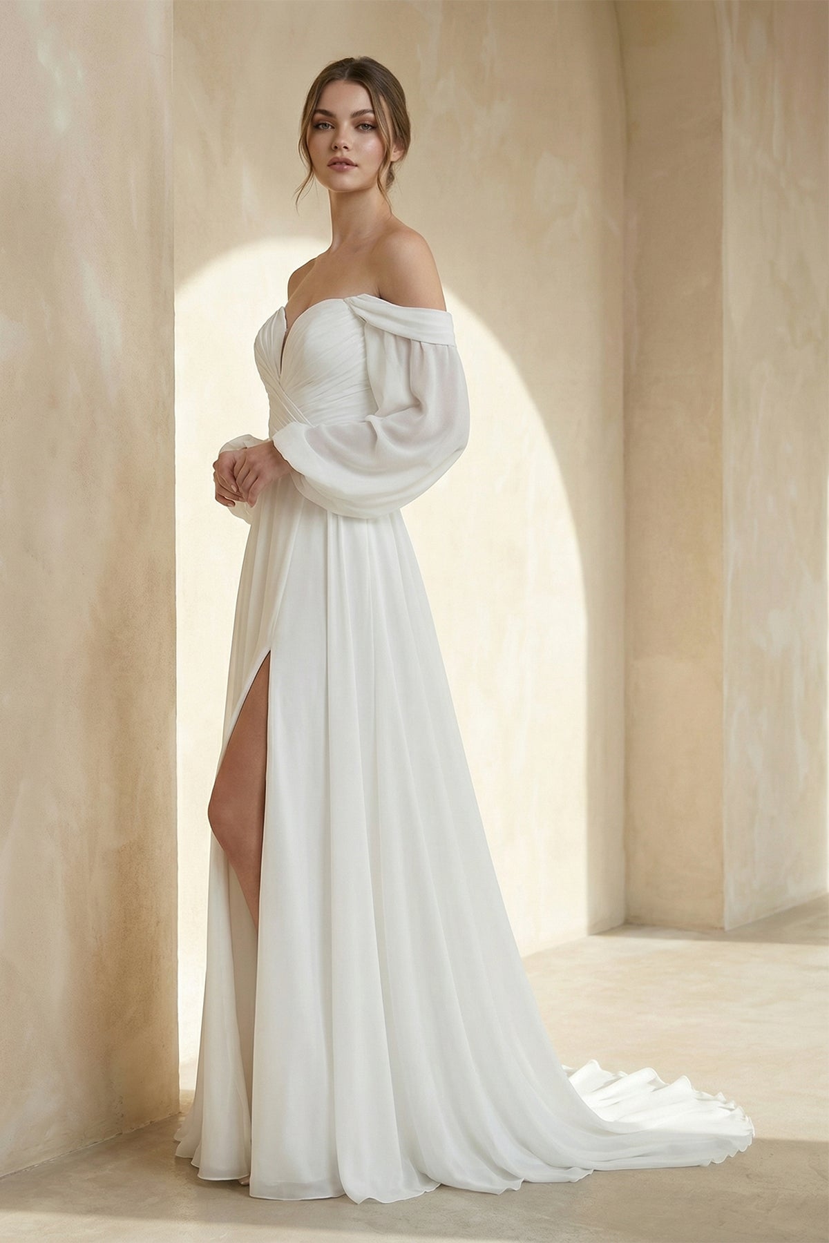 A-Line Sweetheart Long Sleeves Chiffon Sweep Train Wedding Dress
