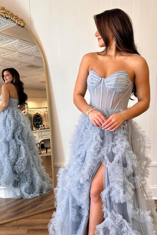 Blue Strapless Ruffle Tulle A-Line Long Prom Dresses with Slit | KissProm
