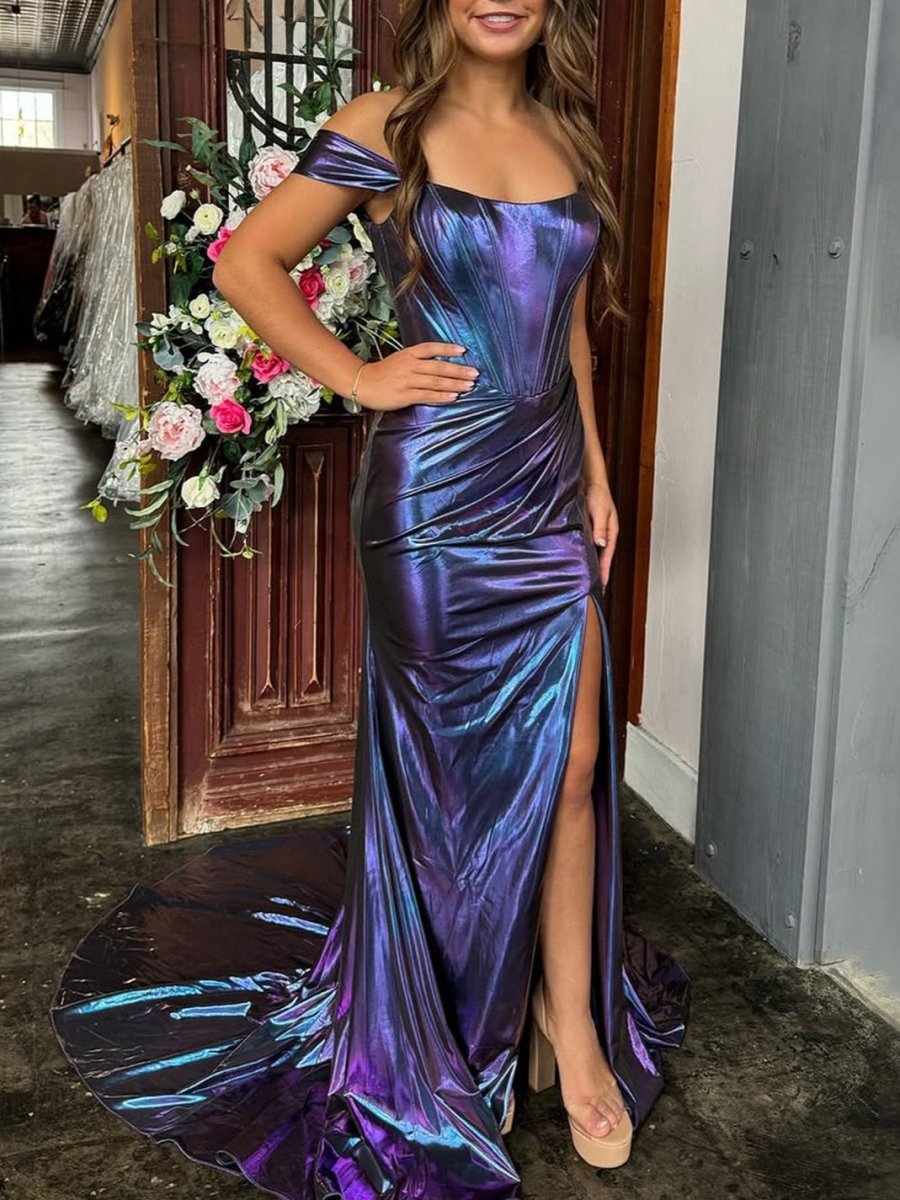 Amiyah | Mermaid Off the Shoulder Purple Metallic Long Prom Dress ...