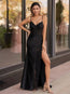 Beatrice Sheath Black Long Appliques Prom Dress with Spaghetti Straps – KissProm