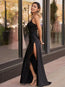 Beatrice Sheath Black Long Appliques Prom Dress with Spaghetti Straps – KissProm