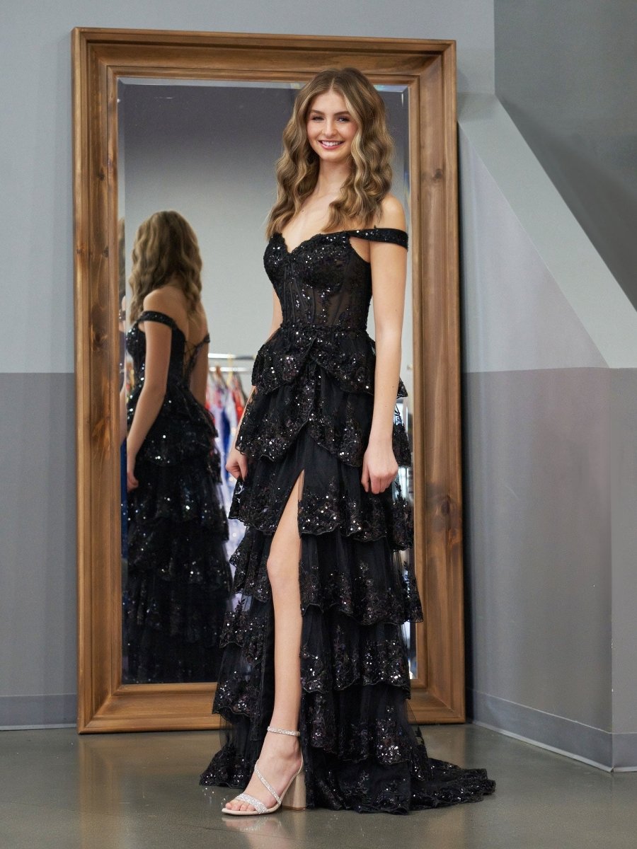 Black Princess A Line Off the Shoulder Corset Prom Dress with Lace Ruf