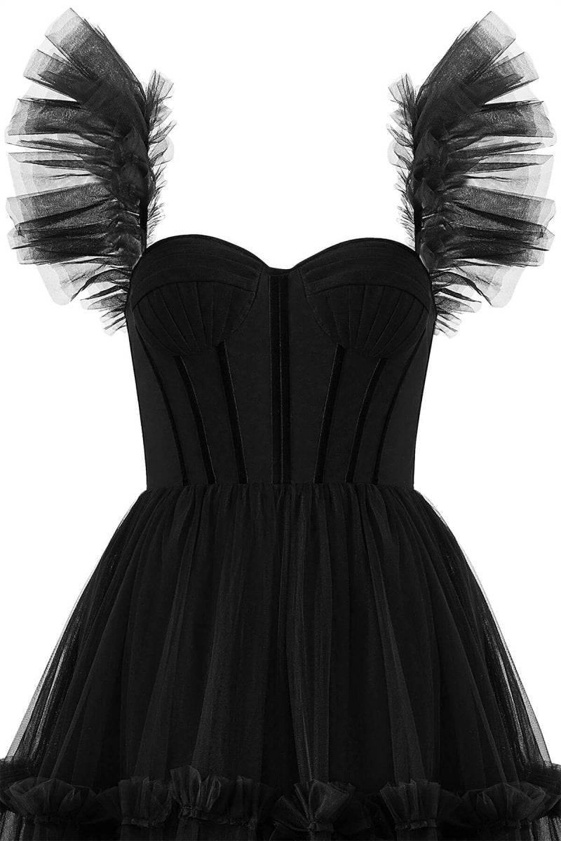 Black Ruffled Tulle Midi Dress