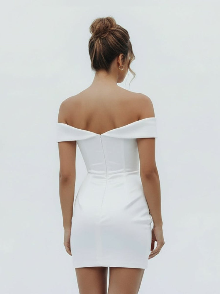 Sheath Off-the Shoulder Satin Simple Wedding Dress Sleeveless Short He