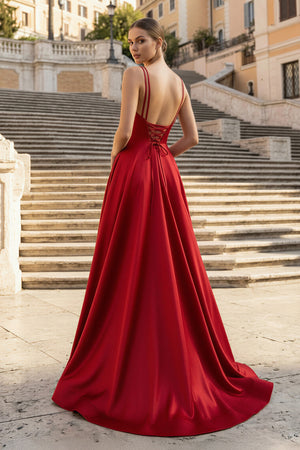 Burgundy V Neck A Line Satin Long Prom Dresses With Slit