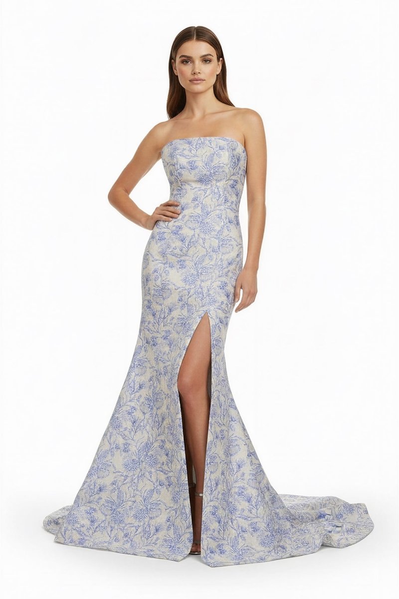 Blue Strapless Mermaid Floral Jacquard Long Formal Prom Dresses With S