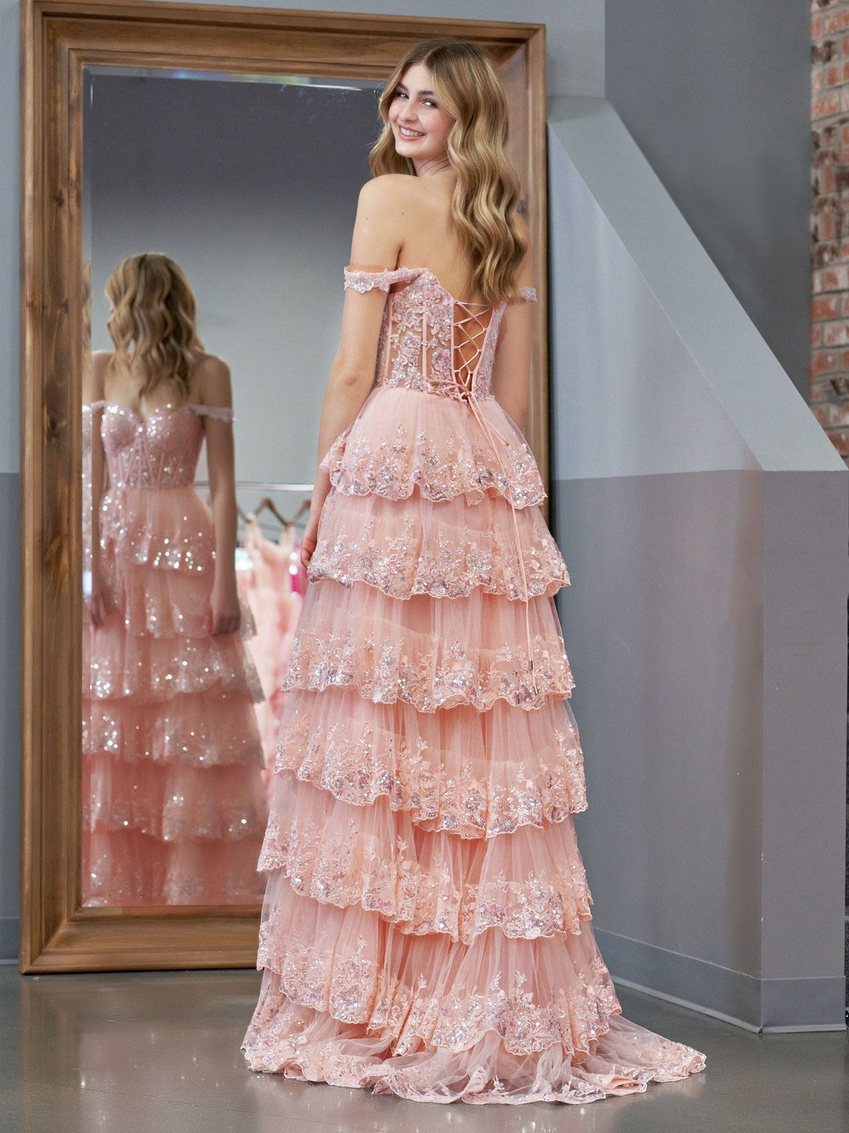 Pink Princess A Line Off the Shoulder Corset Prom Dress with Lace Ruff